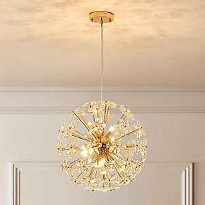 Shrine LIGHTING Dandelion Crystal Chandeliers, Modern Design, Firework Pendant Light Fixture for Living Space, H17'' x D17'', Adjustable Chains 59'', G9*9 Sockets, Brilliant Gold Finish Frame