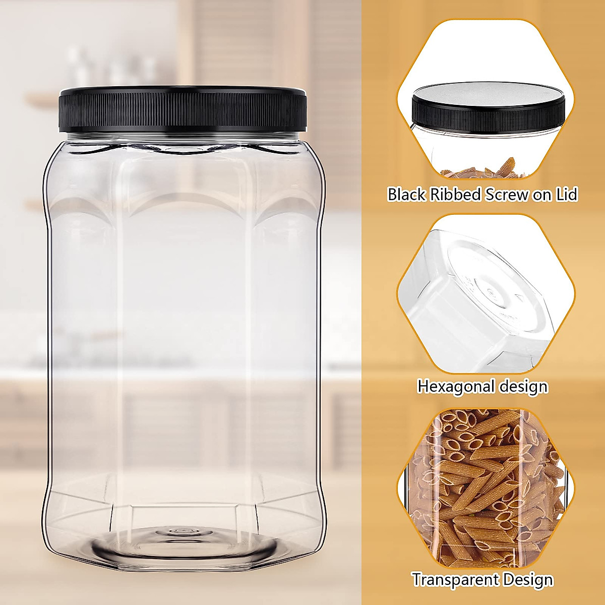 8 Pieces Large Clear Plastic Jars with Lids 70 oz Empty Storage Containers Hexagon Wide Opening Airtight Plastic Canisters with Lids for Kitchen Dry Food, Snacks, Flour, Sugar, Dog Food, Spice