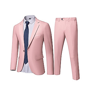 YND Men's Slim Fit 2 Piece Suit, One Button Jacket Pants Set with Tie, Solid Party Wedding Dress Blazer, Tux Trousers, Light Pink