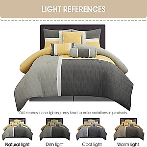 Grand Avenue Grey Yellow Comforter Set Queen Size, 7 Piece Quilting Soft Bedding Set, All Season, Matching Shams, Bedskirt, Decorative Pillows