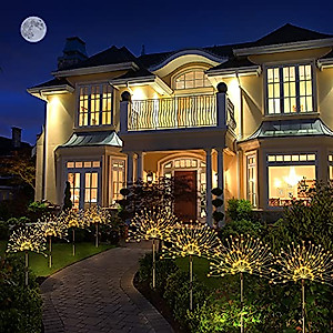 Solar Lights Outdoor, Warm White Garden Lights, 4 Pack Firework Lights with 120 LED Starburst String Lights 8 Modes Fairy Lights with Remote, Wedding Christmas, Lawn Backyard Party Patio Decoration