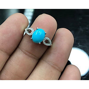 8X6 MM Oval Natural Blue Turquoise Cabochon 925 Sterling Silver December Birthstone Solitaire Unisex Proposal Ring Valentine Day Gift For Girlfriend Gift (Rhodium Plated Silver, 8)