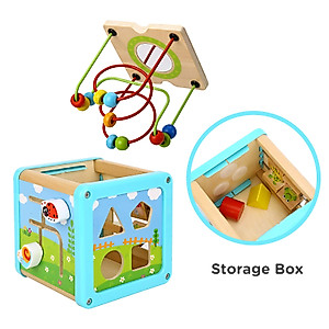 TOOKYLAND Activity Cube Wooden Toys Bead Maze Shape Sorter Learning Developmental Montessori Toys Small Size Gifts for Toddler Kids