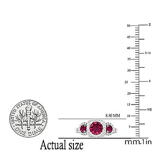 Dazzlingrock Collection Round Lab Created Ruby & Natural White Diamond Women 3 Stone Halo Style Engagement Ring, Sterling Silver, Size 8.5