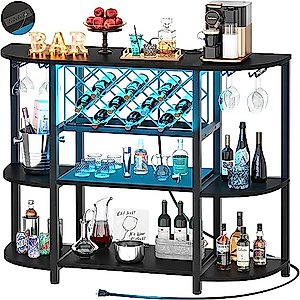 Unikito 4-Tier Metal Coffee Bar Cabinet with Outlet and LED Light, Freestanding Floor Bar Table for Liquor with Glass Holder and Wine Storage, Wine Table Bakers‘ Rack for Kitchen Dining Room, Black