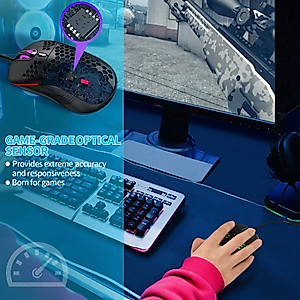 Honeycomb Wired Gaming Mouse, RGB Backlight and 7200 Adjustable DPI, Ergonomic and Lightweight USB Computer Mouse with High Precision Sensor for Windows PC & Laptop Gamers (Black)