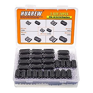 HUAREW 5 Values 28 Pcs Black Clip-on Ferrite Ring Core RFI EMI Noise Suppressor Cable Clip for 3.5mm 5mm 7mm 9mm 13mm Diameter Cable