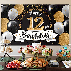 Nelbiirth Happy 12th Birthday Black & Gold Large Photo Banner - Cheers to Twelve Years Old Birthday Home Wall Photoprop Backdrop, 12th Birthday Party Decoration.