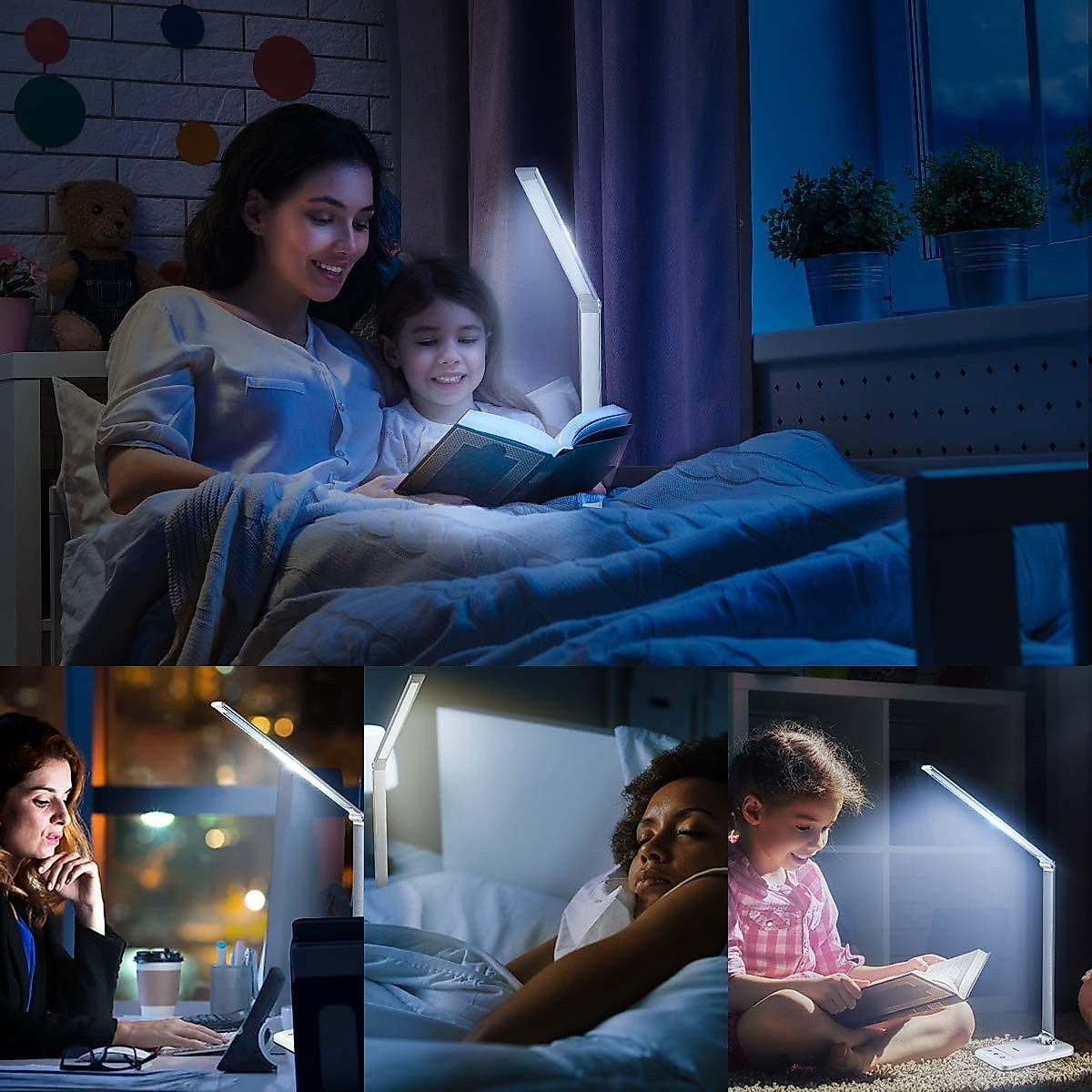 JOSTIC LED Desk Lamp with Wireless Charger, USB Charging Port, Desk Light with 10 Brightness, 5 Color Modes, Dimmable Eye Caring Reading Desk Lamps for Home Office, Touch Control, Auto Timer, White