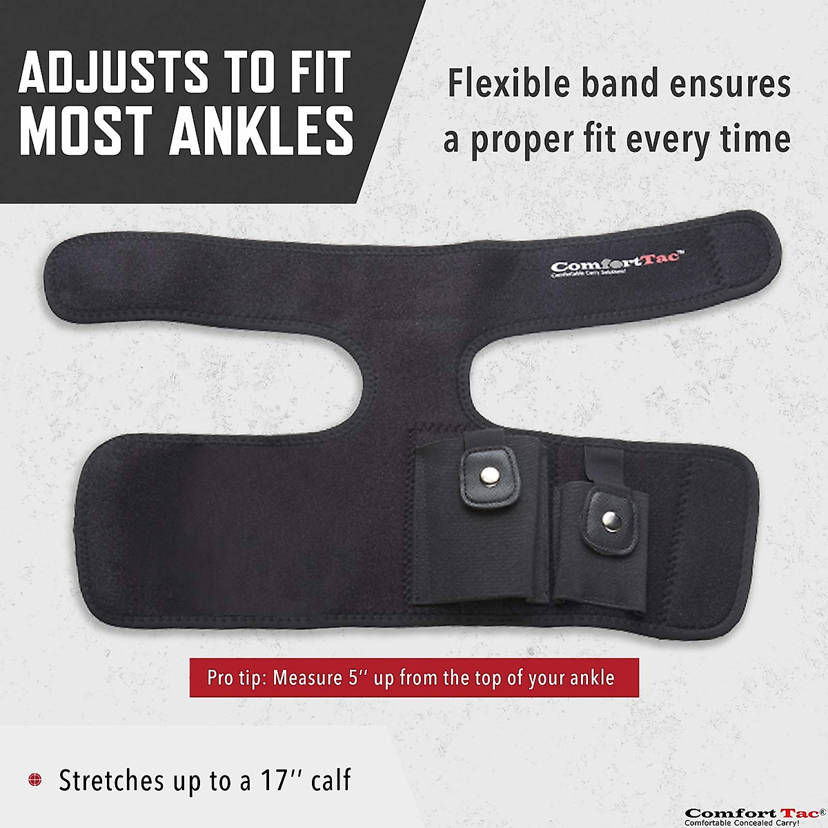 ComfortTac Ankle Holster with Calf Strap and Spare Magazine Pouch for Concealed Carry - One Size Fits Most - Compatible w/Glock 19, 26, 36, 42, 43, S&W Shield, Bodyguard 380, Ruger LCP, LC9, and More