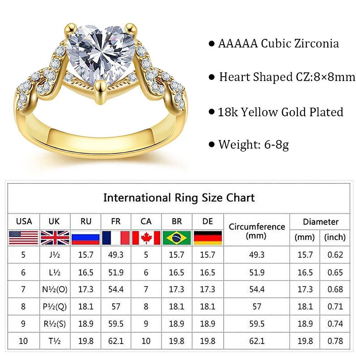 AOUCIA 18K Rose gold Plated Love Heart Cubic Zirconia Promise Halo Engagement Promise Eternity Valentine's Day Ring for Women Size 6-10 (Twisted-Gold, 9)