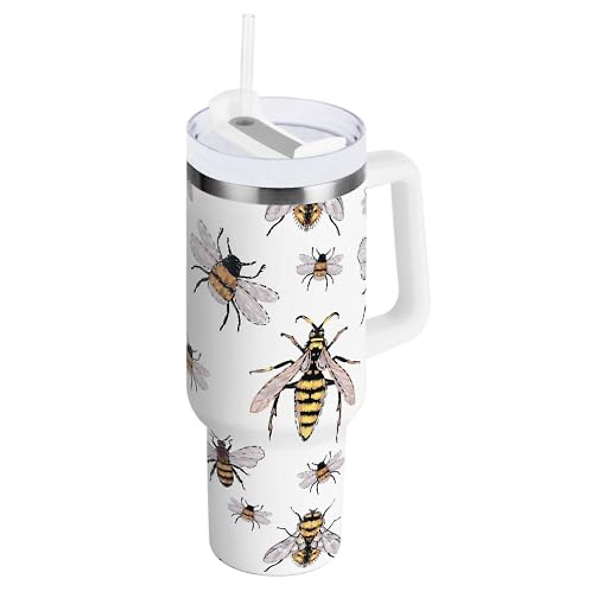 CIJEMAPW Wasp Small Funny Bee Insulated Tumblers Embroidery 40 oz Water Bottles Travel Mug with Handle and Straw Lid Leakproof School Work Outdoor for Women & Men