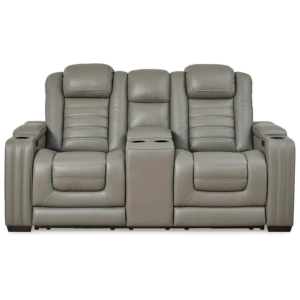 Signature Design by Ashley Backtrack Contemporary Tufted Leather Power Reclining Loveseat with Console and Adjustable Headrest, Light Gray