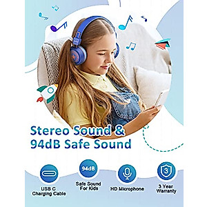 New bee Kids Bluetooth Headphones with Microphone Bluetooth 5.0 Wireless Kids Headphones with 32H Playtime/94dB Volume Limited On Ear Headphones for School/Girls/Boys/iPad/Fire Tablet(Blue)