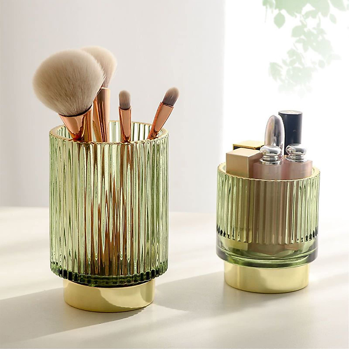 Makeup Brush Holders Organizer for Vanity Countertop Crystal Cosmetic Makeup Brush Glass Brushes Storage Holder Retro Eyeliners Eyebrow Pen Pencil Holder Organizers (S+L,Green)