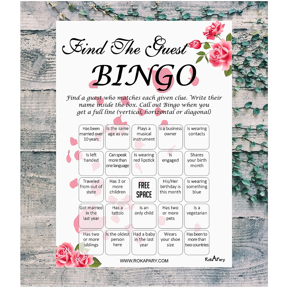 Floral Roses Find The Guest Bingo Game, Wedding, Bridal Shower, Bachelorette or Engagement Party Game, Event Activities Play Pack of 50 Cards 5”x7” Made in USA