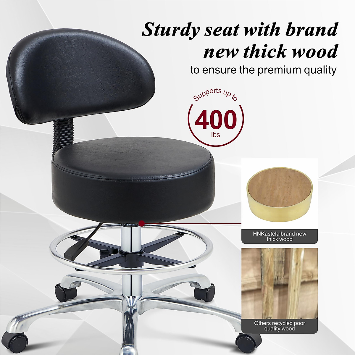 Height Adjustable Rolling Shop Stool with Back Support - Kitchen Stool with Wheels Heavy Duty Stool with Back for Salon,Spa,Massage,Tattoo,Esthetician – Rolling Stool Extra Thick for Extreme Comfort