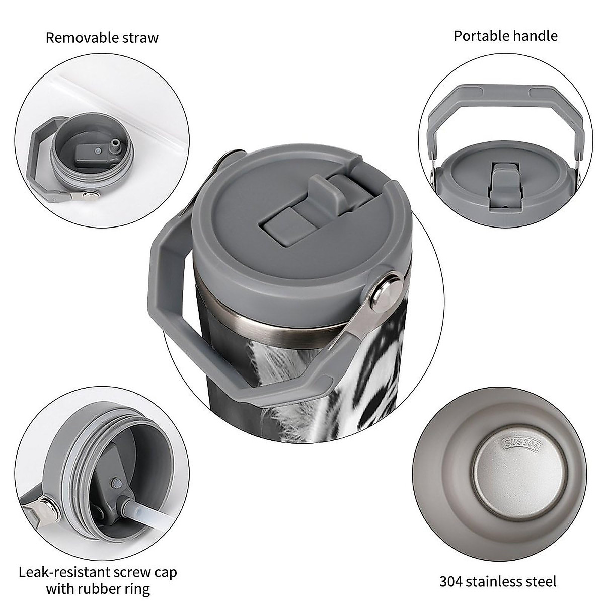 ZJCDPBR 30 Oz Tumbler with Foldable Handle And Flip Straw,Black White Tiger Vacuum Insulated Travel Coffee Tumblers,Stainless Steel Leak-Proof Water Bottle,Fits in Cup Holder,Keep Cold 24H & Hot 12H