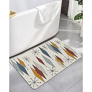 Middle Century Bath Mat for Bathroom Rugs Non Slip,Bath Mat Quick Dry Absorbent Bath Rug,Thin Rubber Backed,Retro European Geometry Diamond Blue Maroon Turmeric 18"x30"