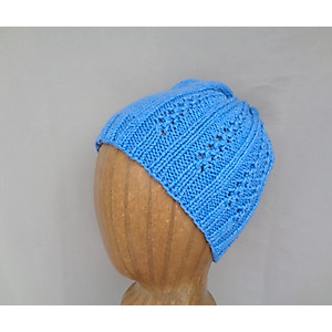 Womens Beanie Hat with Lace Design, Sky Blue, 100% Wool, Hand Knit Snug Cap, Teen Girls Skater Skullie