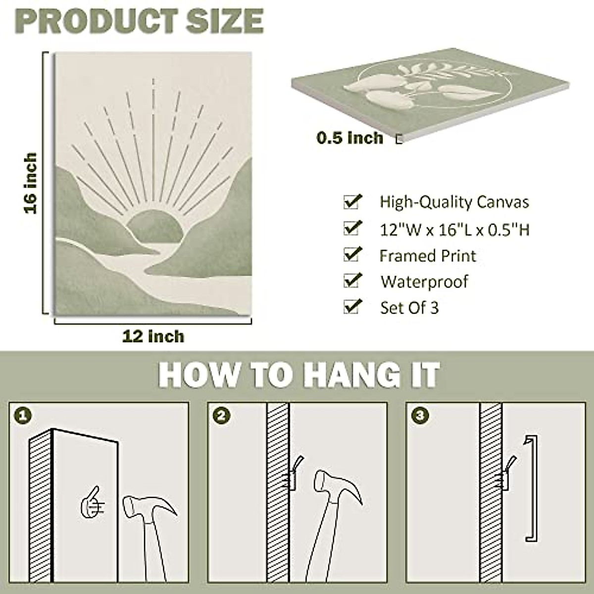 Minimalist Boho Wall Art Set of 3, Abstract Wall Art Mid-Century Modern Art Print, Sage Green Neutral Geometric Canvas Artwork Posters for Living Room, Bedroom, Bathroom, Gallery, Boho Room Decor 12"x16", Framed