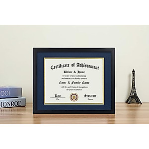 ELSKER&HOME 8.5x11 Certificate Frame with Blue Mat- Classic Black Color Frame - Displays Diploma 8.5x11 Inch with Mat - 11x14 Inch Without Mat - For Document/Photo(Double Mat Blue with Gold Rim)