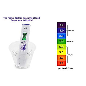 pH Meter and Temperature Meter. Digital Aid Professional Quality Water Test Meter. Large Back-lit LCD Screen. Range 0.00 to 14.0 pH; 32° - 140°F. 3 Free Buffer Solution Powders.