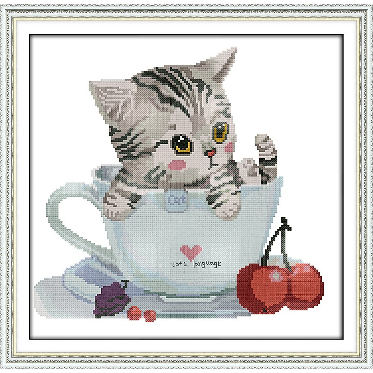 Benway Cross Stitch Kit 14ct Counted Cute Brown Cat in Cup Two Red Cherries 35x34cm (13.78x13.39in)