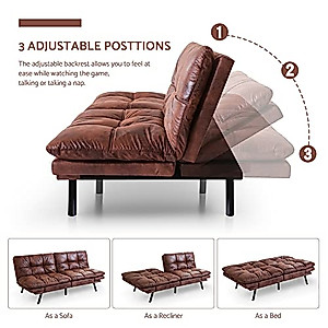 LIFERECORD Futon Sofa Bed Modern Faux Leather Convertible Sofa Memory Foam Daybed with Adjustable Armrests for Living Room Apartment Dorm, Brown