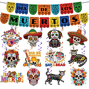 Day of the Dead Decorations for Altar NO-DIY Dia De Los Muertos Party Supplies Include 2pcs Dia De Los Muertos Banner and 12pcs Double Sided Day of the Dead Hanging Swirl for Mexican Halloween Party