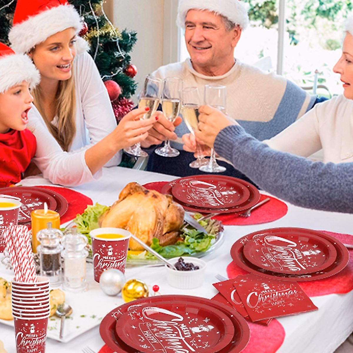 Merry Christmas Tableware Set for 25 Guests, Red Paper Plates Set with Plates Napkins Cups Straws Cutlery for Christmas Party Supplies, 200 pcs Disposable Party Dessert Dinnerwares