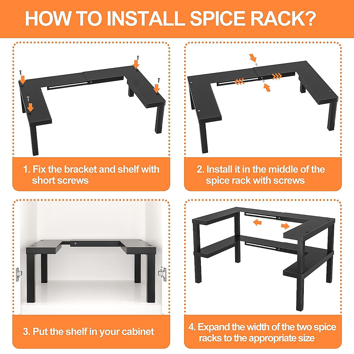 Mystozer Metal Kitchen Spice Rack, Spice Organizer for Cabinet with Double-Layer Expandable, Seasoning Rack for Countertops, Pantries and Cabinets (Black)