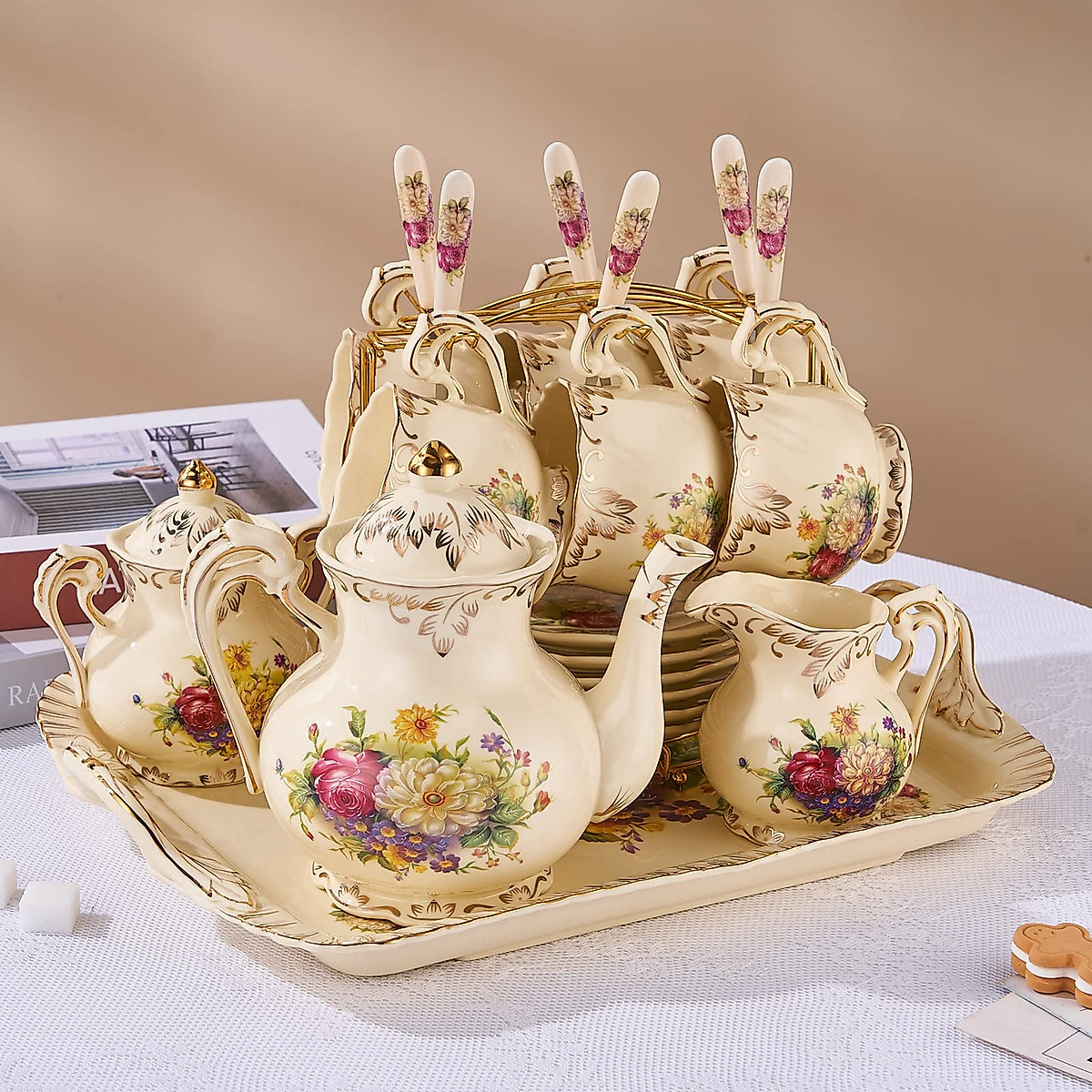 YOLIFE Ivory Serving Tray, Ceramic Floral and Gold Leaves Decorative Platter for Tea Party 15 X 11 inch (Flowering Shrubs)