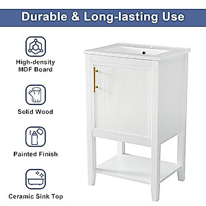 Lifeand 20" Vanity with Sink, Bathroom Cabinet with Soft Closing Door, Storage Rack and Open Shelf, White