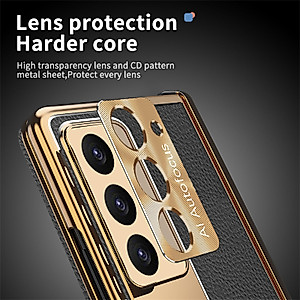 Upgraded Case for Samsung Galaxy Z Fold 5 2023, Magnetic Hinge Protection Built-in S Pen Holder & Built-in Screen Protetctor & Stylus Luxury Electroplated Leather Case,Black 2