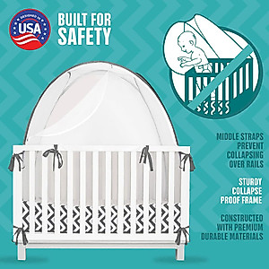KinderSense® - Baby Safety Crib Tent - Premium Toddler Crib Topper to Keep Baby from Climbing Out - See Through Mesh Crib Net - Mosquito Net - Pop-Up Crib Tent Canopy to Keep Infant in (Grey Chevron)