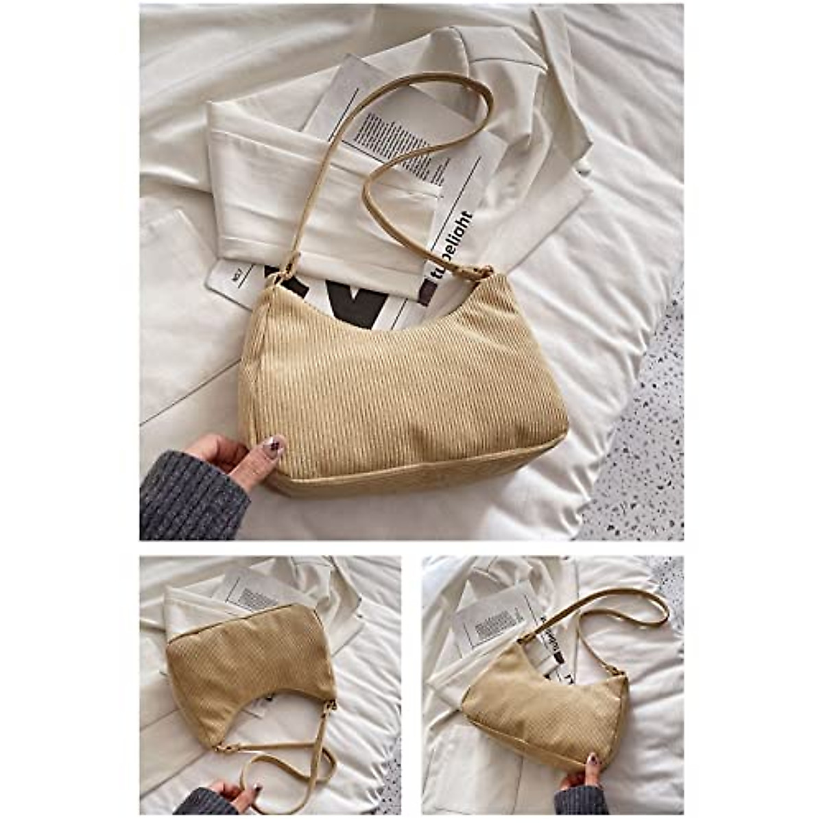 Women Corduroy Shoulder Bag Small Handbag Purse Casual Ladies Satchel Fashion Daily Tote Bag (Khaki)