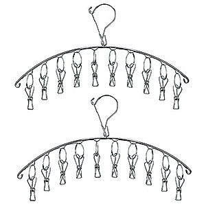 Z ZICOME 2 Pack Stainless Steel Hanging Drying Rack Clothes Hanger with 10 Clips for Drying Small Items, Socks, Underwear, Diapers, Bras, Baby Clothes, Towels, Face Masks, Gloves