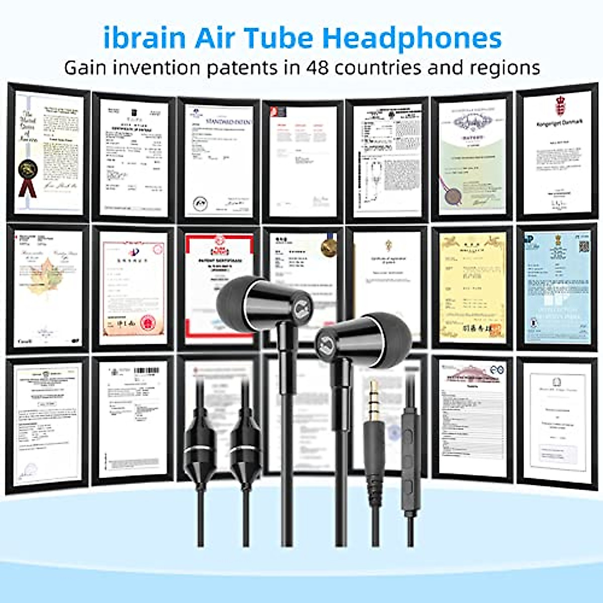 ibrain Air Tube Headphones Air Tube Earbuds with Patented Technology Airtube Headset with Microphone & Volume Control Airtube Headphones for a Safe and Healthy Listening (Black)