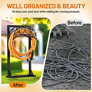 Jvgoo Garden Hose Holder for Outside - Upgraded Water Hose Holders with 5 Spikes & 2 Shepherds Hooks, Freestanding Garden Hose Stand Heavy Duty Hose Hanger Hose Storage Hose Reel Rack for Yard Lawn