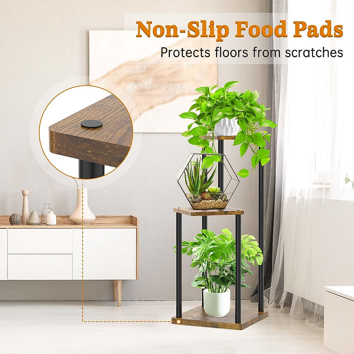 Oppro 3 Tier Plant Stands Indoor, Metal Wood Tiered Corner Plant Stand Pot Holder, Wood Flower Shelf Display Rack for Living Room Bedroom Outdoor Balcony Garden Patio, Black