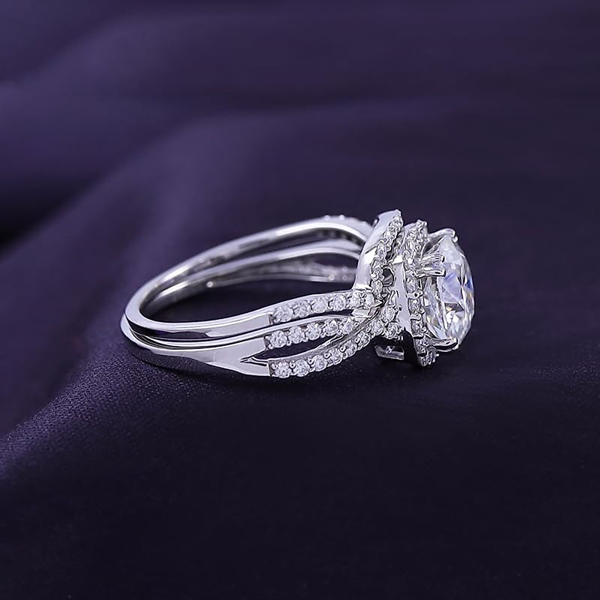 SAVEARTH DIAMONDS 14K White Gold Sterling Silver Center 7.5X7.5mm G-H Color Cushion Cut Synthetic Moissanite Lab Created Diamond Halo Engagement Ring Bridal Set 2 Pieces(2.63 Cttw)-7