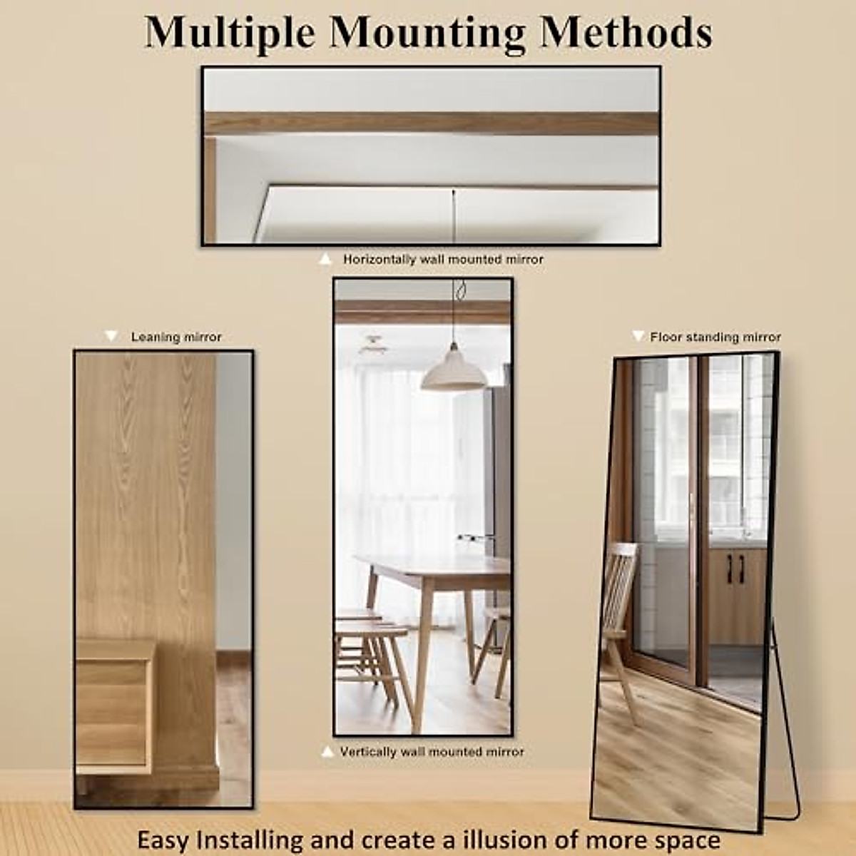 NISHCON Modern Black Full Length Mirror, 64"x21" Rectangular Floor Mirror with Stand, Wall-Mounted or Freestanding, Perfect for Living Room, Bedroom, Entryway