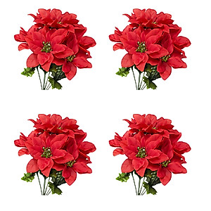 Firlar 4 Pcs Artificial Poinsettia Bouquet, 7 Stems Each, Red Artificial Poinsettia Bushes Fake Poinsettias Flowers, Christmas Decoration Bouquet Silk Poinsettia for Christmas Tree Home Garden Decor