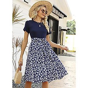 Berydress Knee Length Dress for Women Summer Casual Short Sleeve Modest A-Line Belt Party Work Dress with Pockets (S, 6188-Navy Floral)