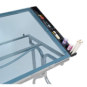 Studio Designs Folding Modern Glass Top Adjustable Drafting Table Craft Table Drawing Desk Hobby Table Writing Desk Studio Desk, 35.25" W x 23.75" D, Silver / Blue Glass