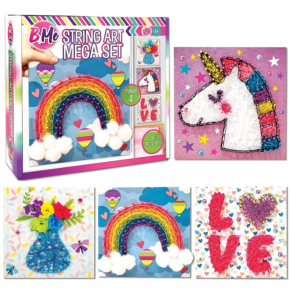 Creative Kids String Art Kit for Kids Age 6+ | 4 Fun Projects in 1 String Art Craft Kit Flower, Heart, Rainbow & Unicorn | String Art Kids Birthday Gifts for Girls & Boys