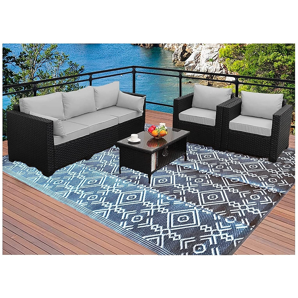 BalajeesUSA Outdoor Rug - 5x7 Grey Reversible Recycled Plastic Straw Patio Decor Waterproof Large RV Camper mat Camping 7032