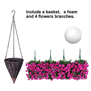 Artificial Wisteria Vine Flowers in Hanging Rattan Basket, Fake Silk Hanging Plant Faux Flower Arrangement with Rattan Rope for Garden Yard Patio Outdoor Home Wedding Party Decoration, White