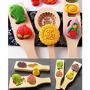 Wood Moon Cake Mold Chinese Traditional Mid-autumn Festival Moon Cake Mold Fish Shou Tao 2 Capacities Wooden Baking Mold for Moon Cake Cookie Pumpkin Pie,with Handle